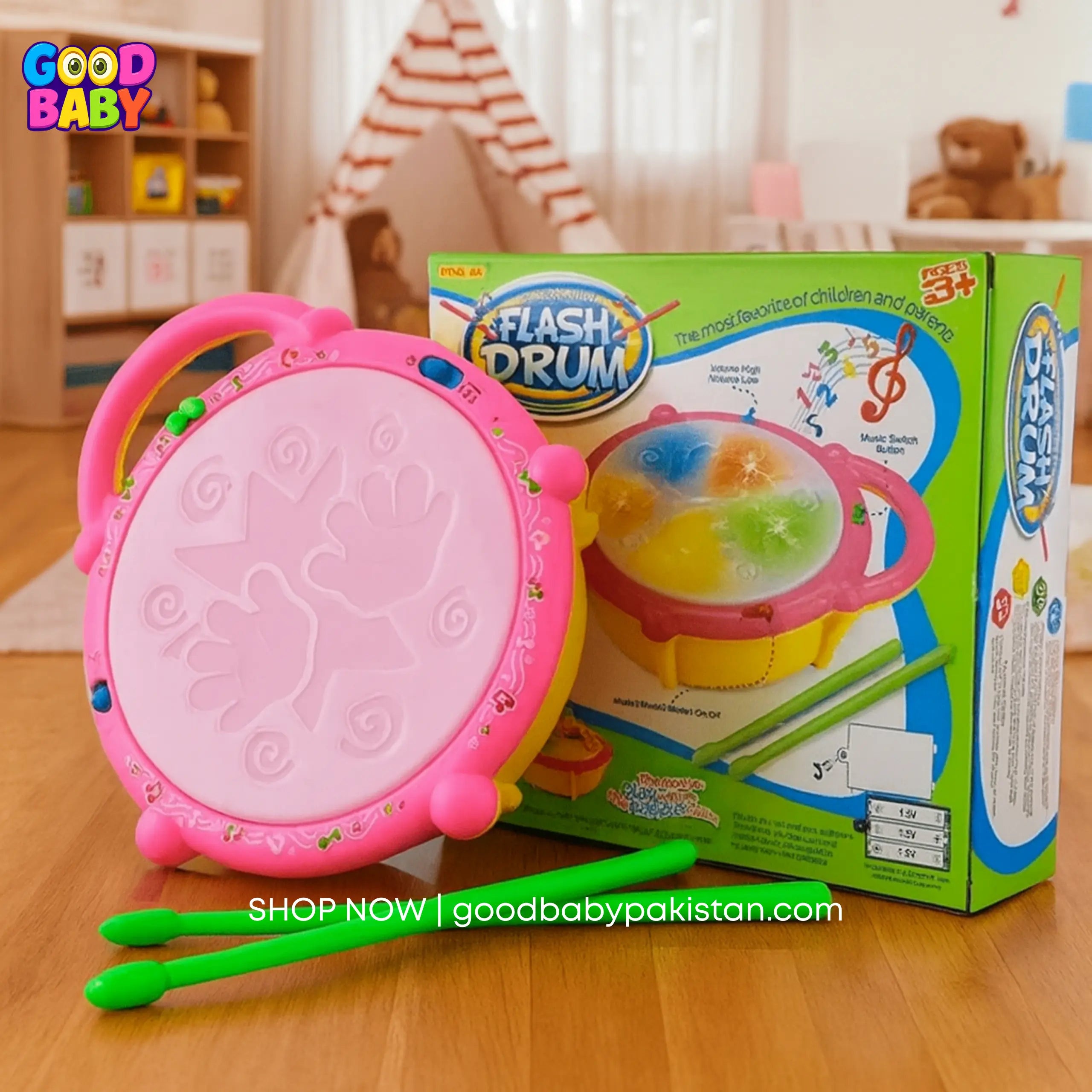 Light-Up Flash Drum with Sticks – GOODBABYPAKISTAN